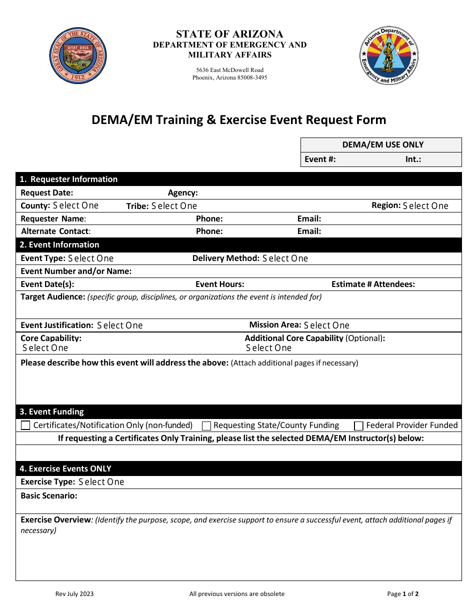 Arizona Dema/Em Training & Exercise Event Request Form - Fill Out, Sign ...