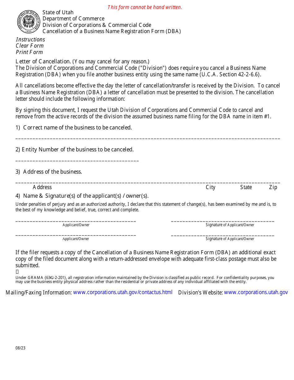 Utah Cancellation of a Business Name Registration Form (Dba) Download ...