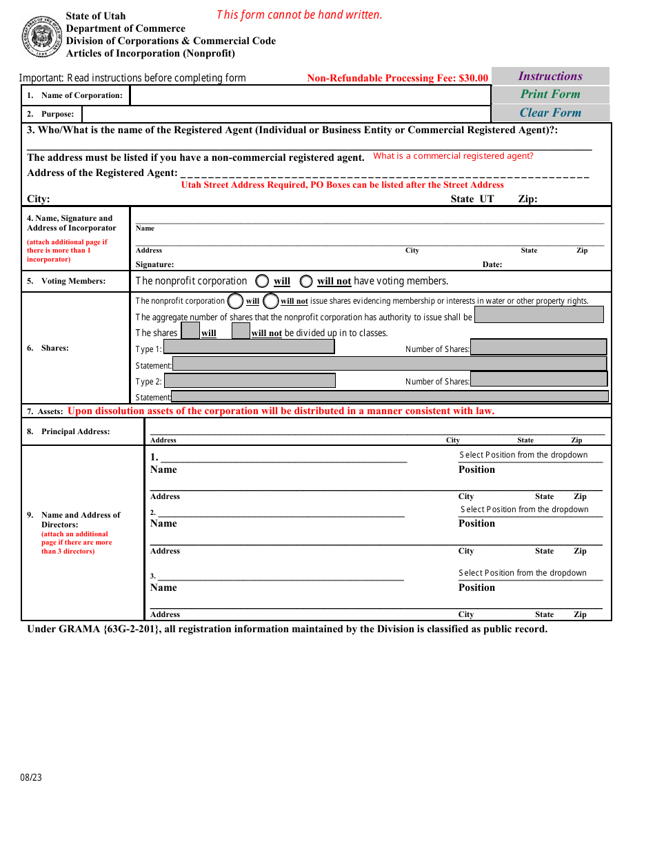 Utah Articles of Incorporation (Nonprofit) Download Fillable PDF ...