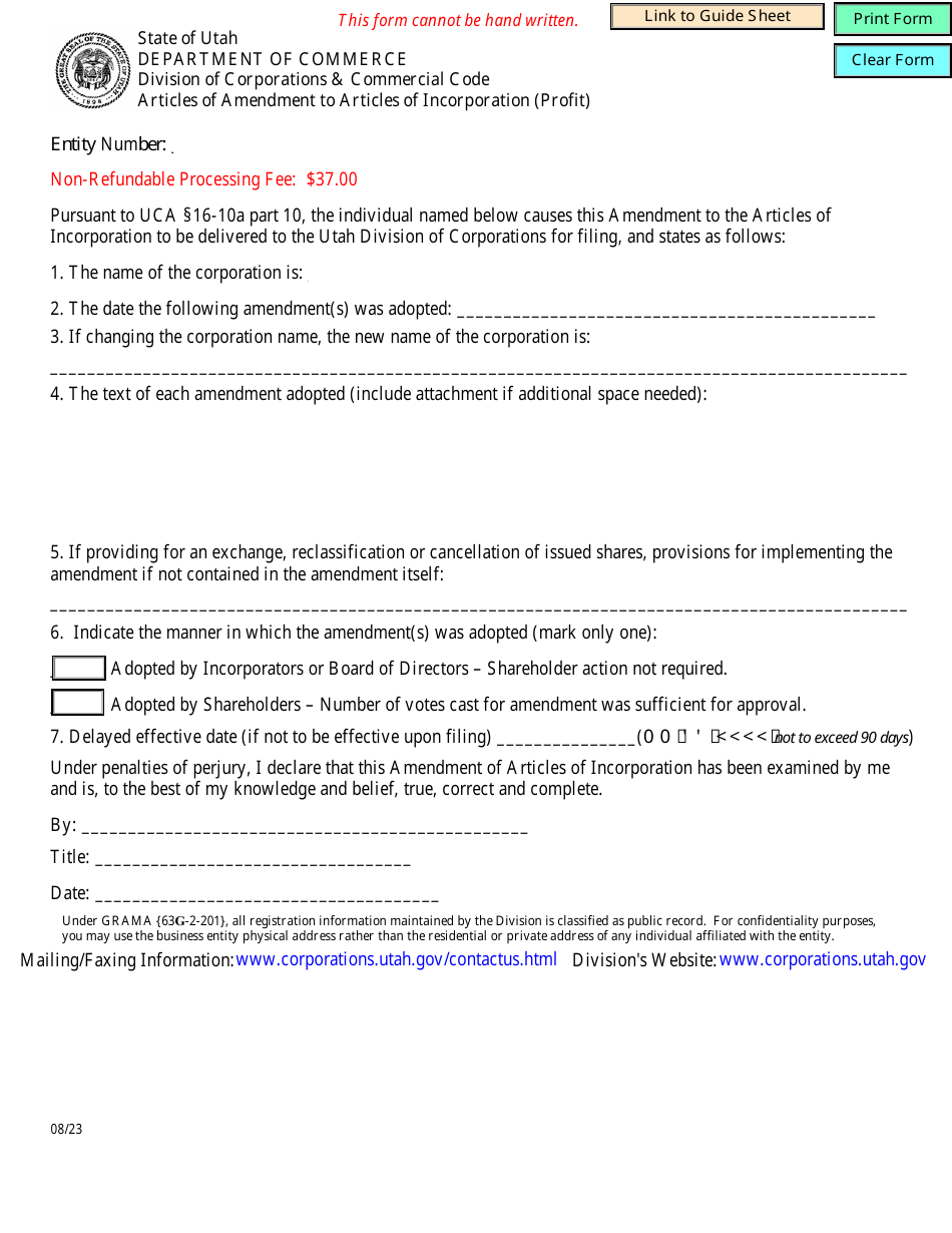 Utah Articles of Amendment to Articles of Incorporation (Profit ...