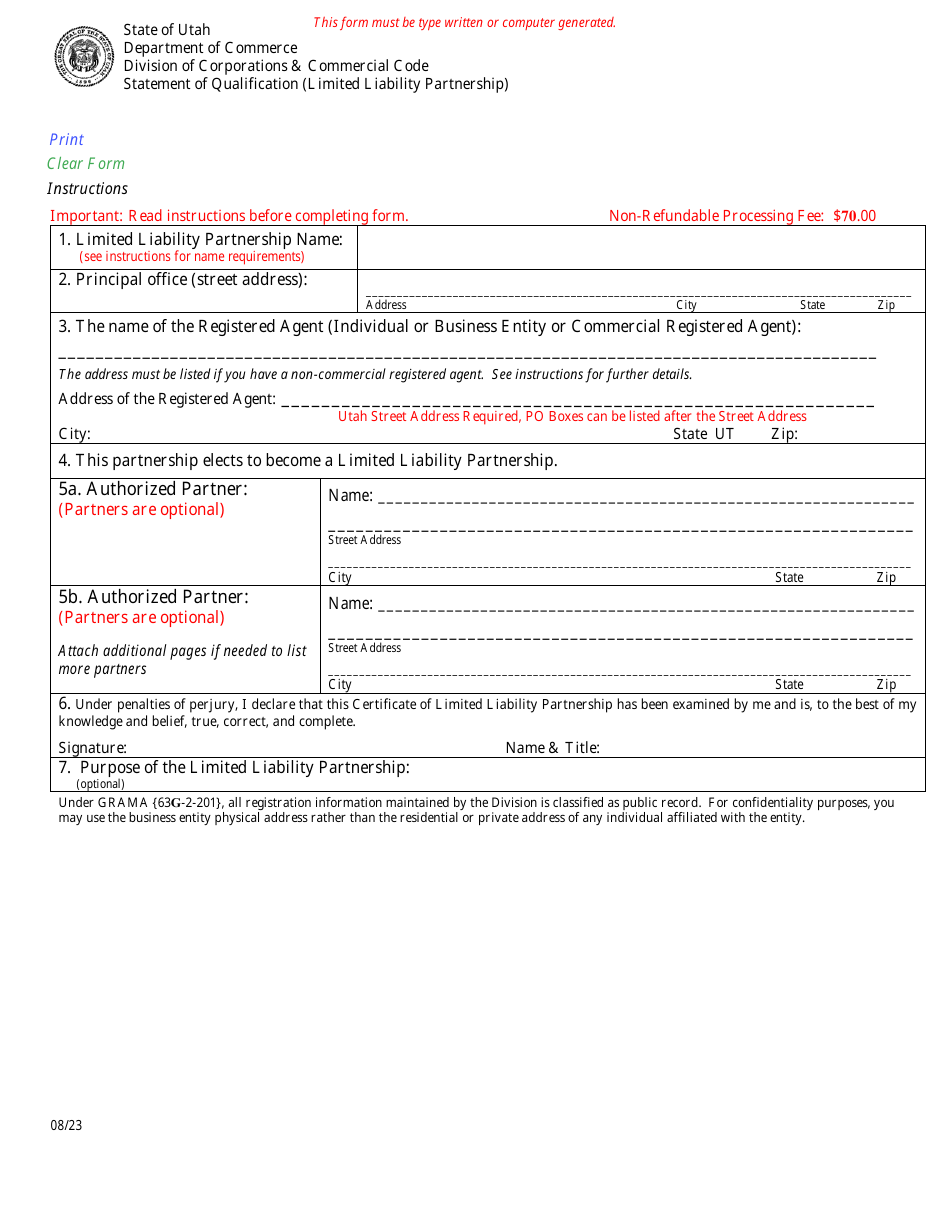 Utah Statement of Qualification (Limited Liability Partnership ...