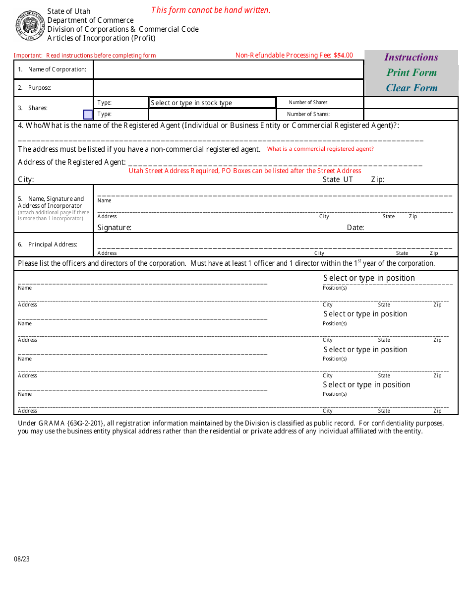 Utah Articles of Incorporation (Profit) Download Fillable PDF ...