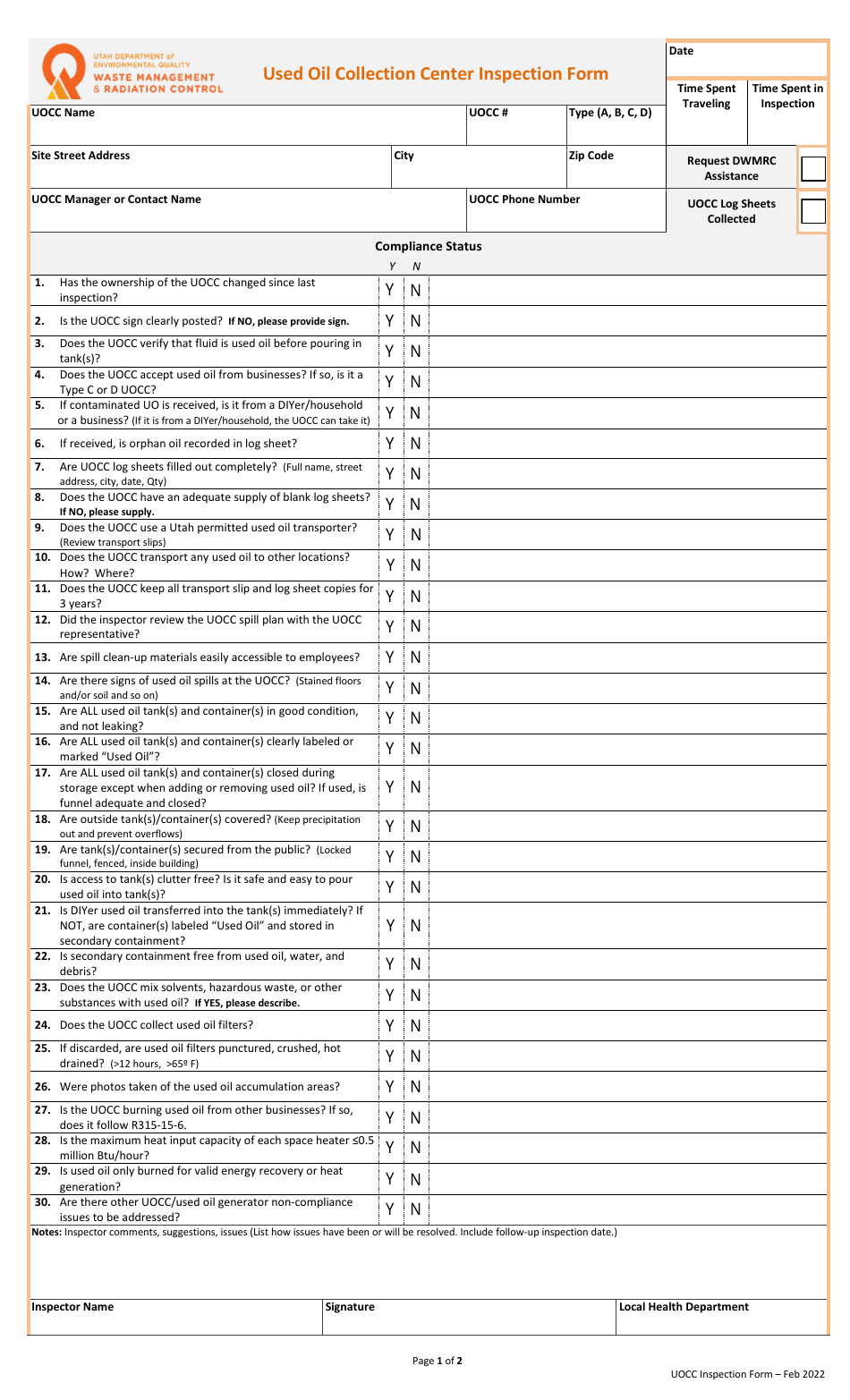 Utah Used Oil Collection Center Inspection Form - Fill Out, Sign Online ...