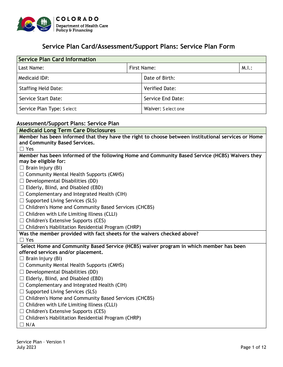 Colorado Service Plan Card/Assessment/Support Plans: Service Plan Form ...