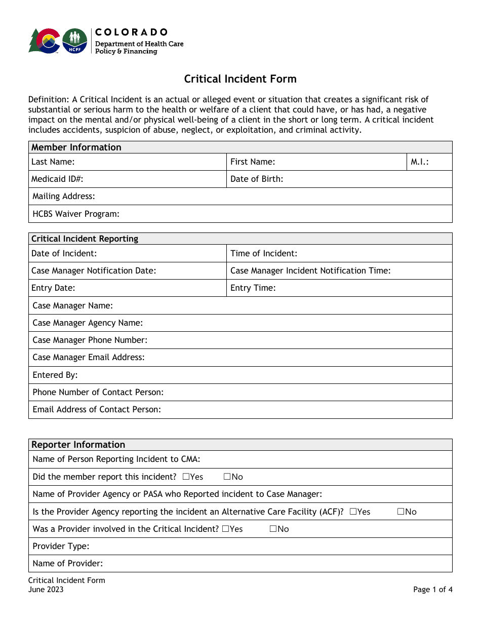 Colorado Critical Incident Form - Mistreatment, Abuse, Neglect ...