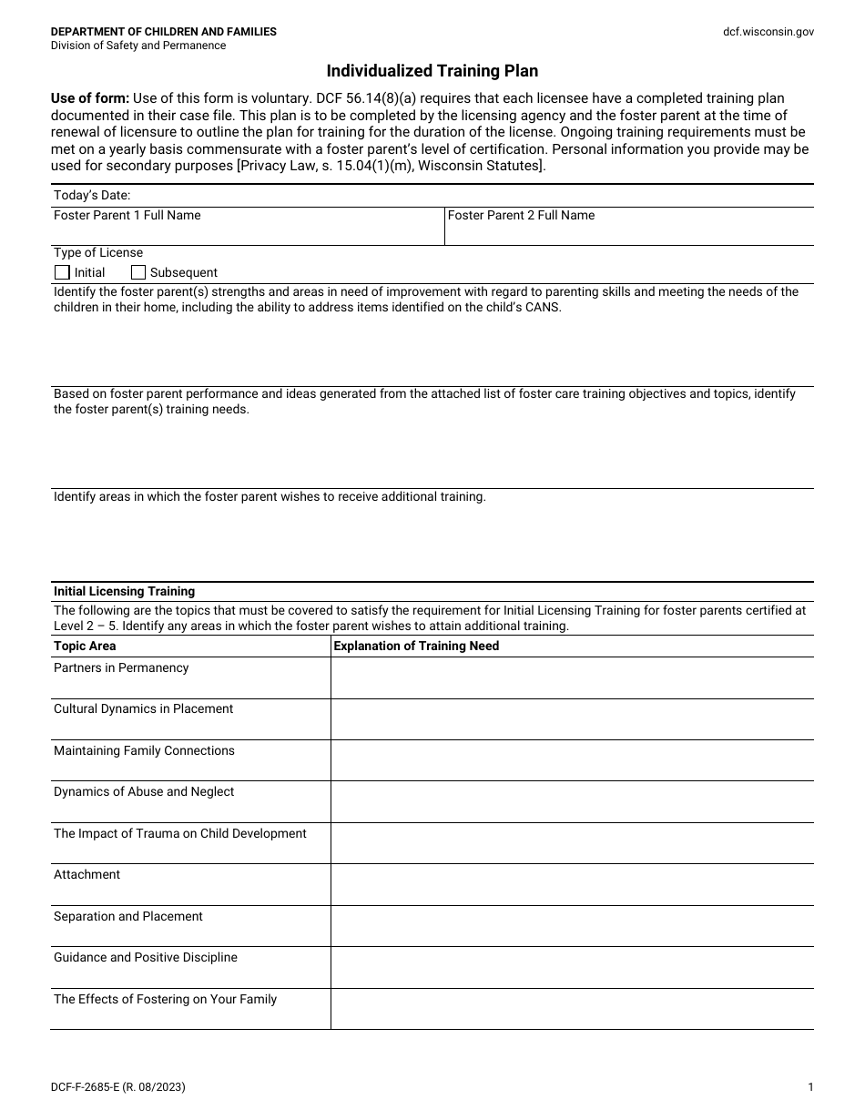 Form DCF-F-2685-E Download Printable PDF or Fill Online Individualized ...