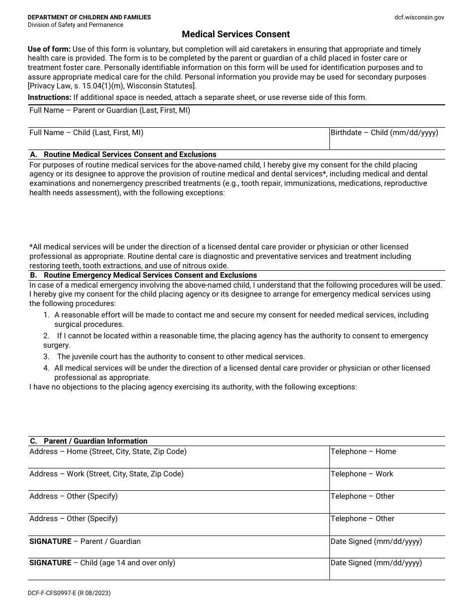 Form Dcf F Cfs0997 Download Printable Pdf Or Fill Online Medical