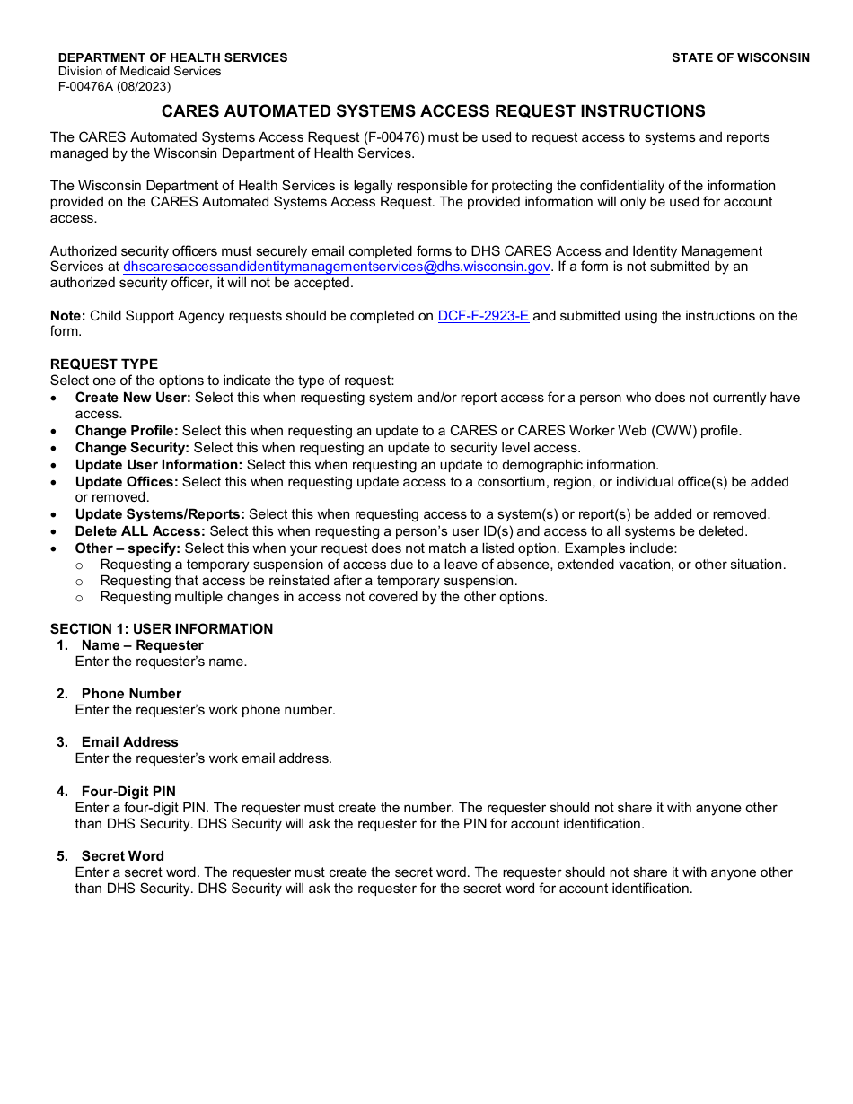 Download Instructions for Form F-00476 Cares Automated Systems Access ...
