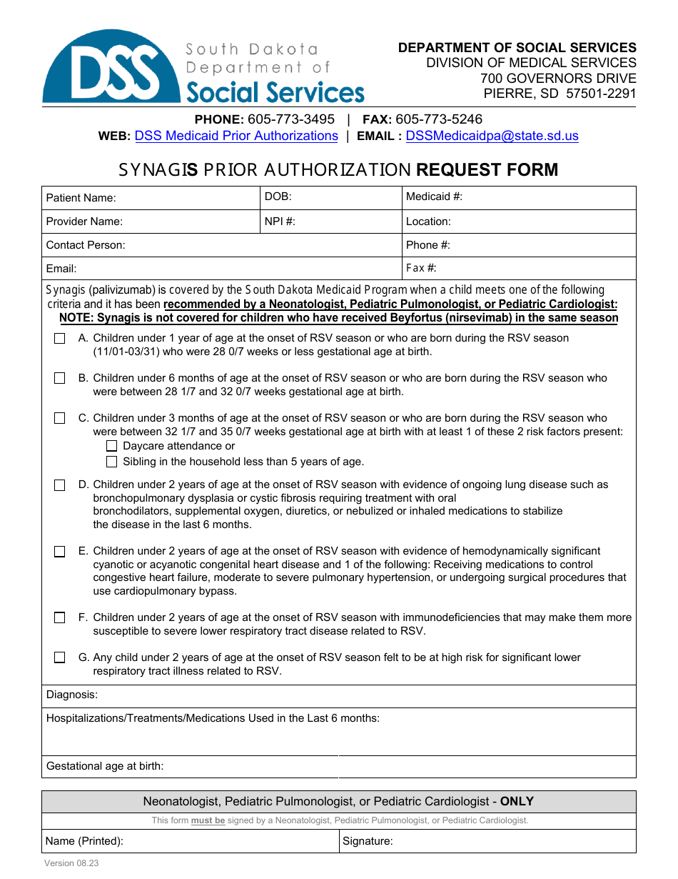 South Dakota Synagis Prior Authorization Request Form - Fill Out, Sign ...