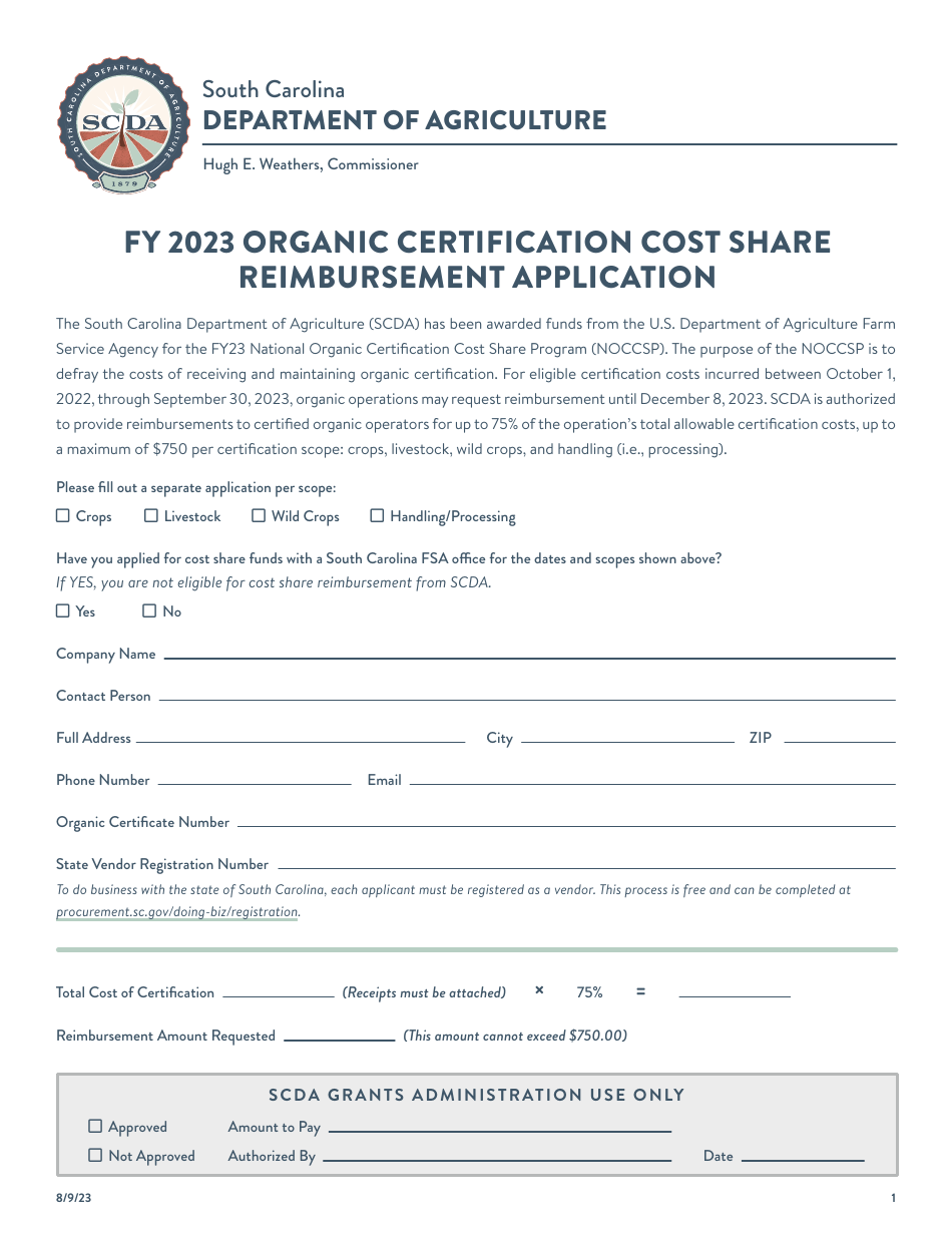2023 South Carolina Organic Certification Cost Share Reimbursement Application Download Fillable ...
