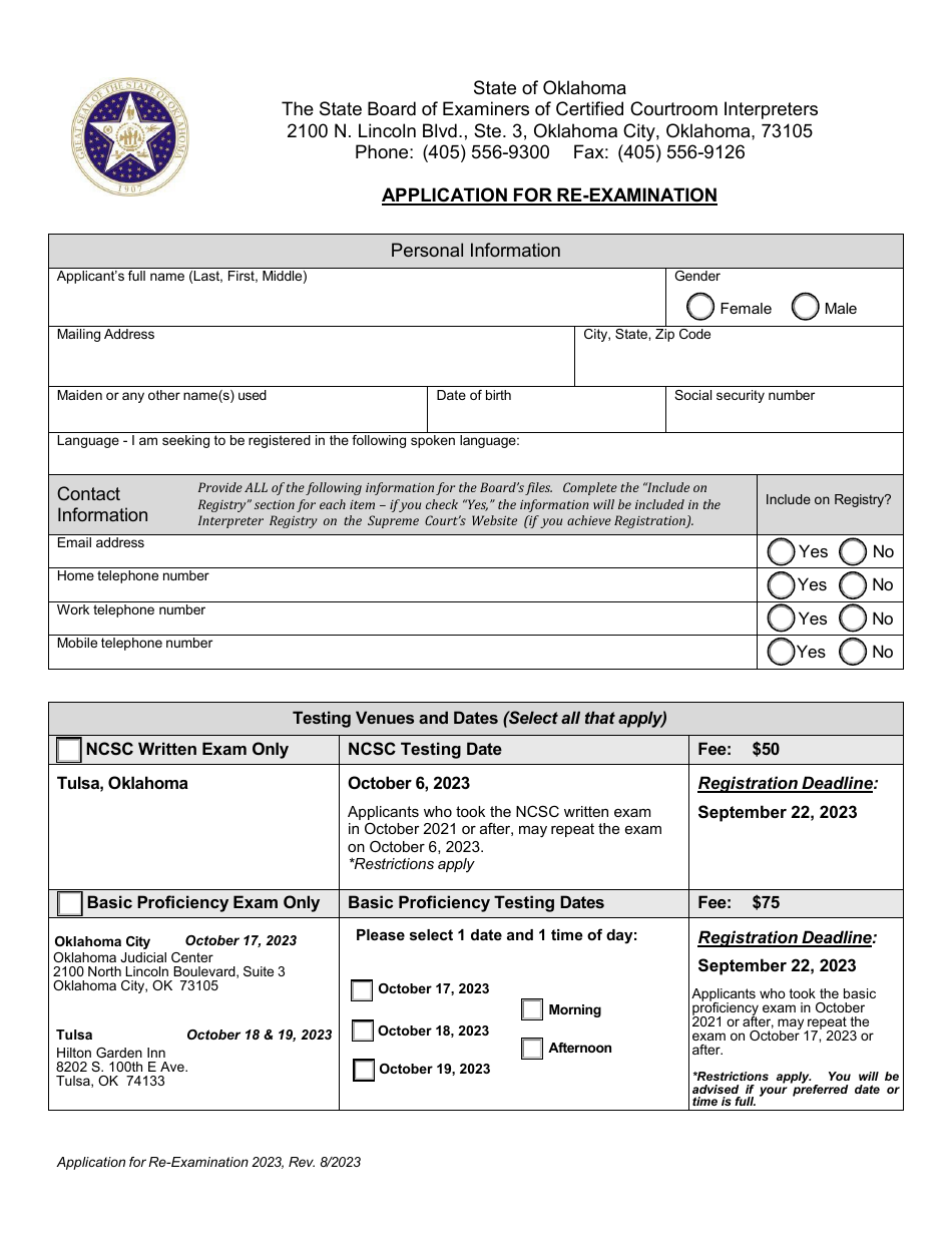 2023 Oklahoma Application for Re-examination - Registered Courtroom ...