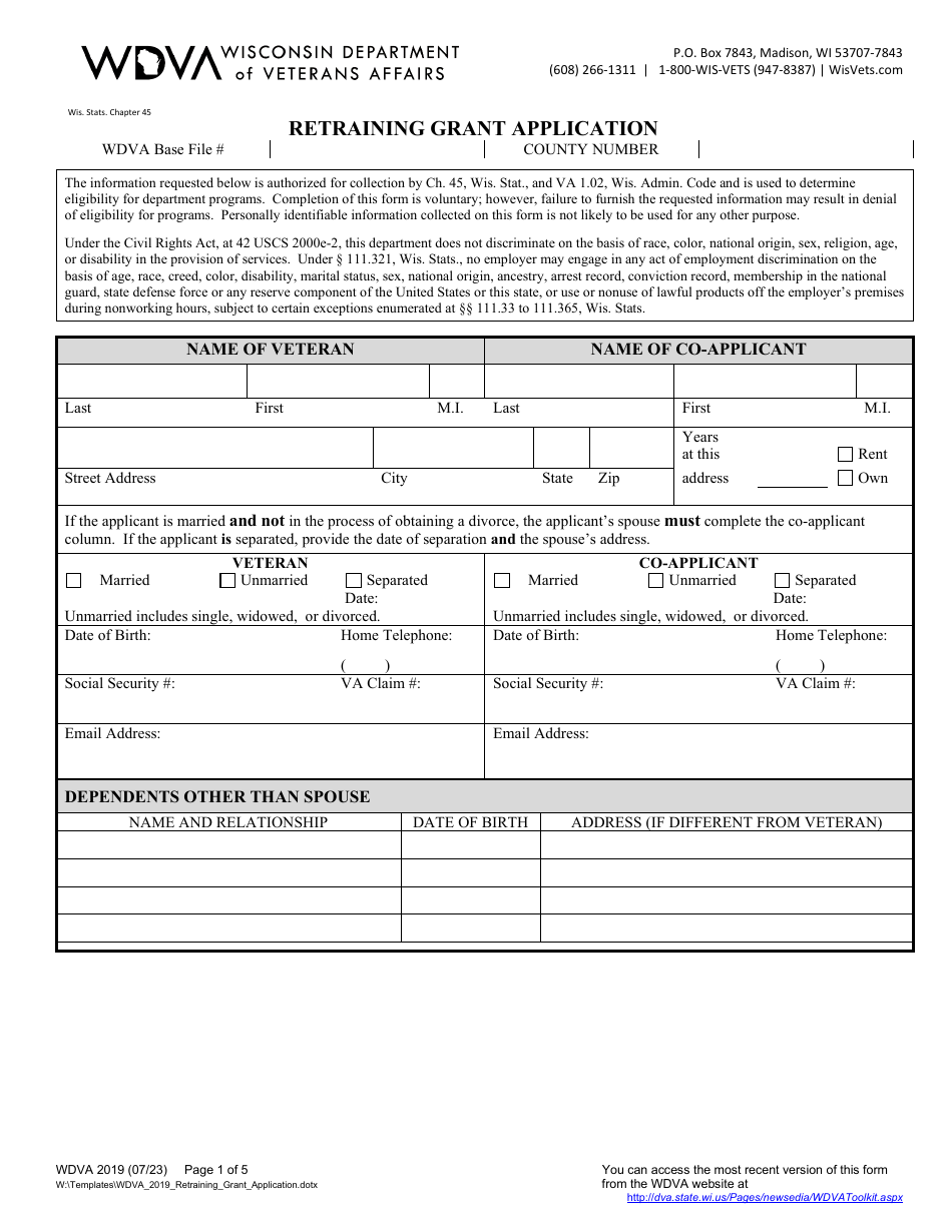 Form WDVA2019 Download Fillable PDF or Fill Online Retraining Grant ...