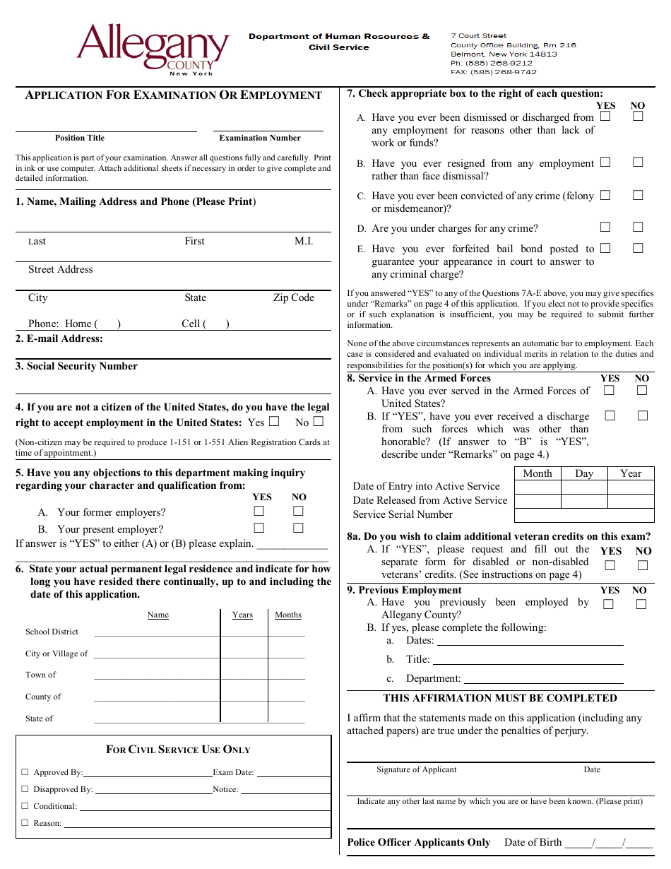 Allegany County, New York Civil Service Application - Fill Out, Sign ...