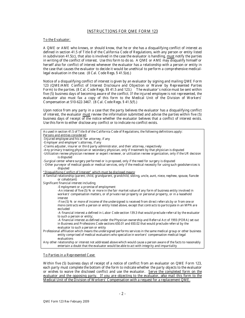 Download Instructions for QME Form 123 Qme or Ame Conflict of Interest ...