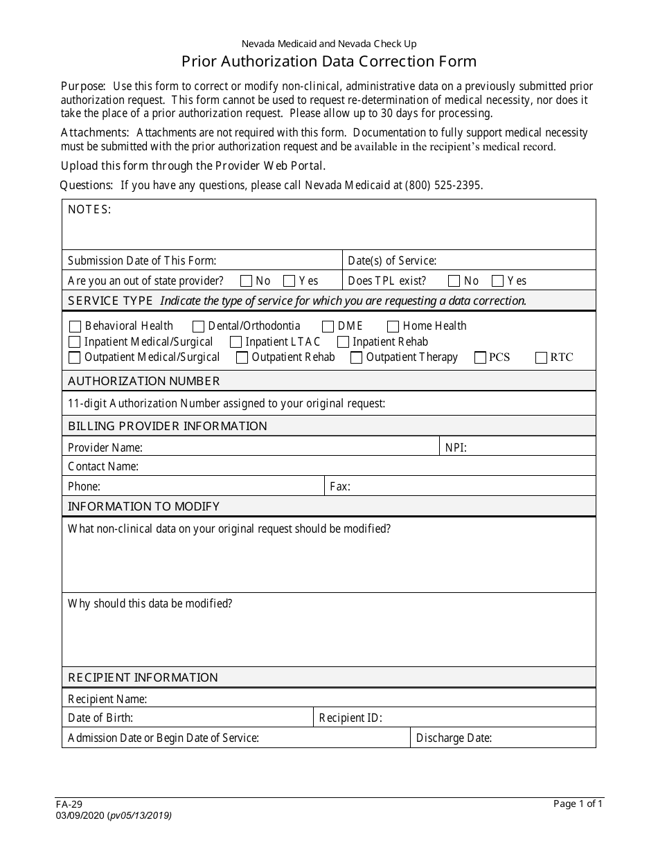 Form FA-29 Download Fillable PDF or Fill Online Prior Authorization ...