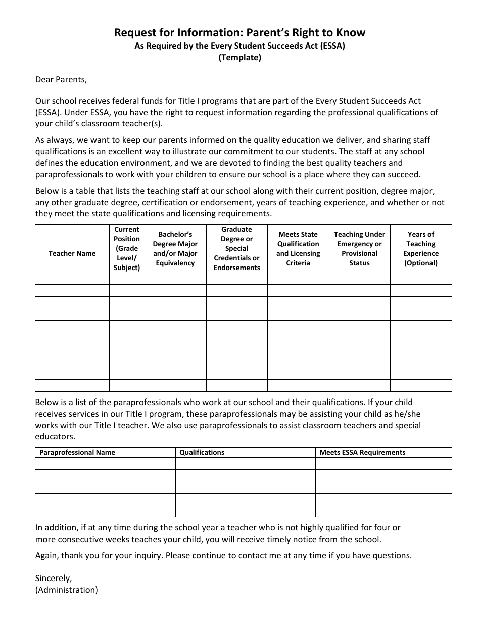 North Dakota Request for Information: Parent's Right to Know as ...