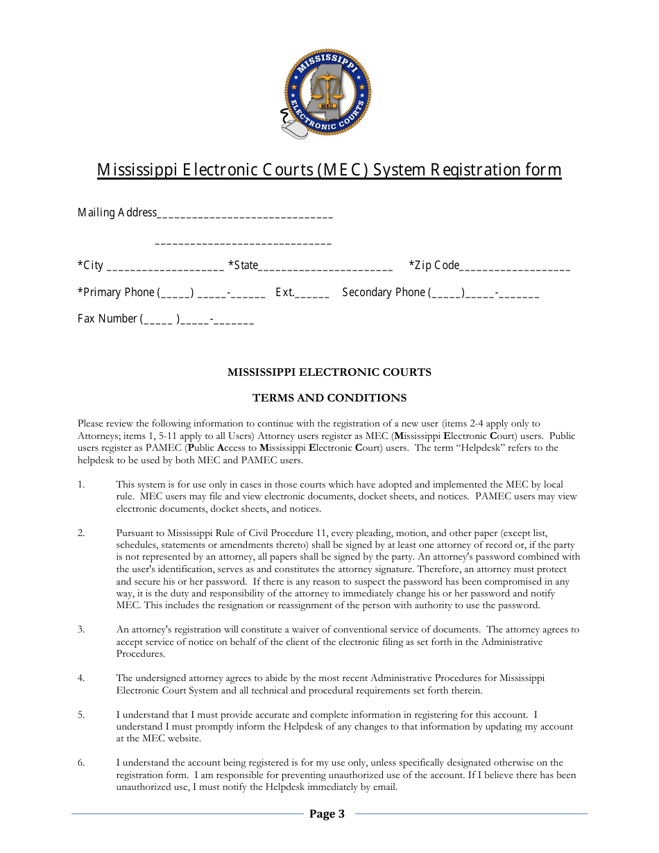 Mississippi Mississippi Electronic Courts (Mec) System Registration ... Mississippi Mississippi Electronic Courts (Mec) System Registration ...