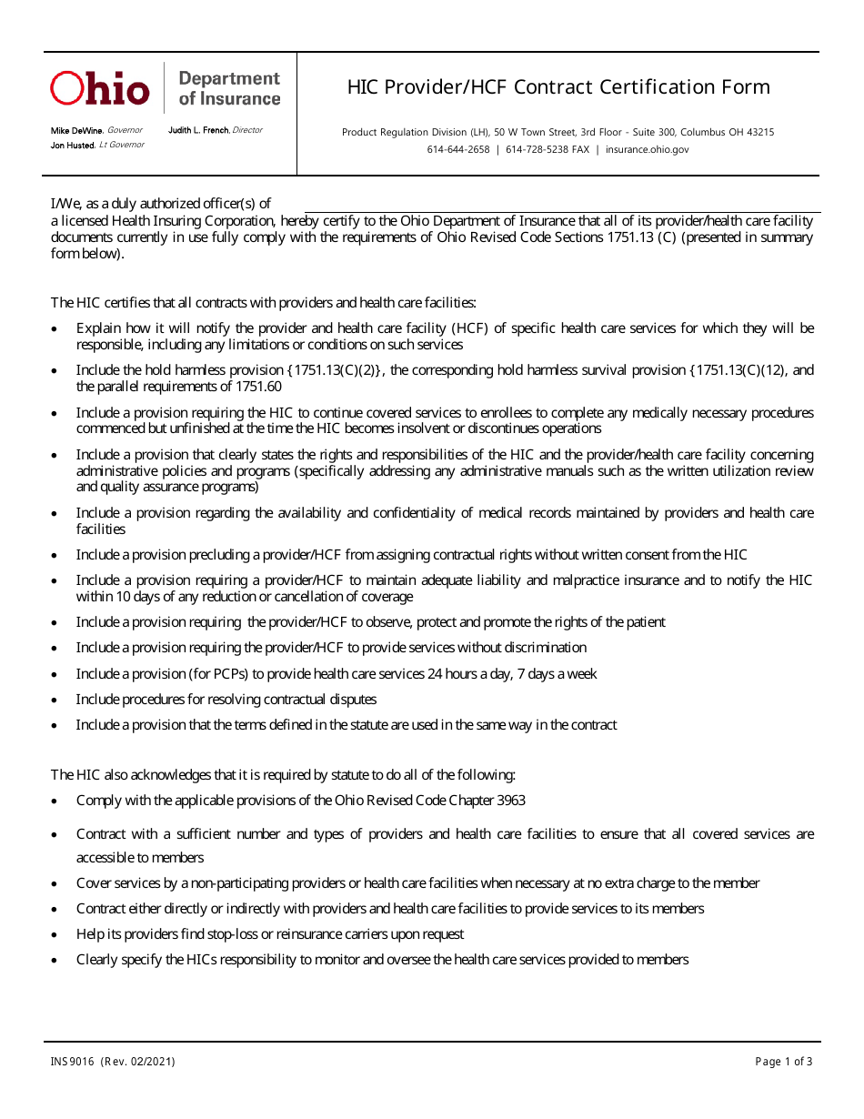 Form INS9016 Download Fillable PDF or Fill Online Hic Provider/Hcf ...