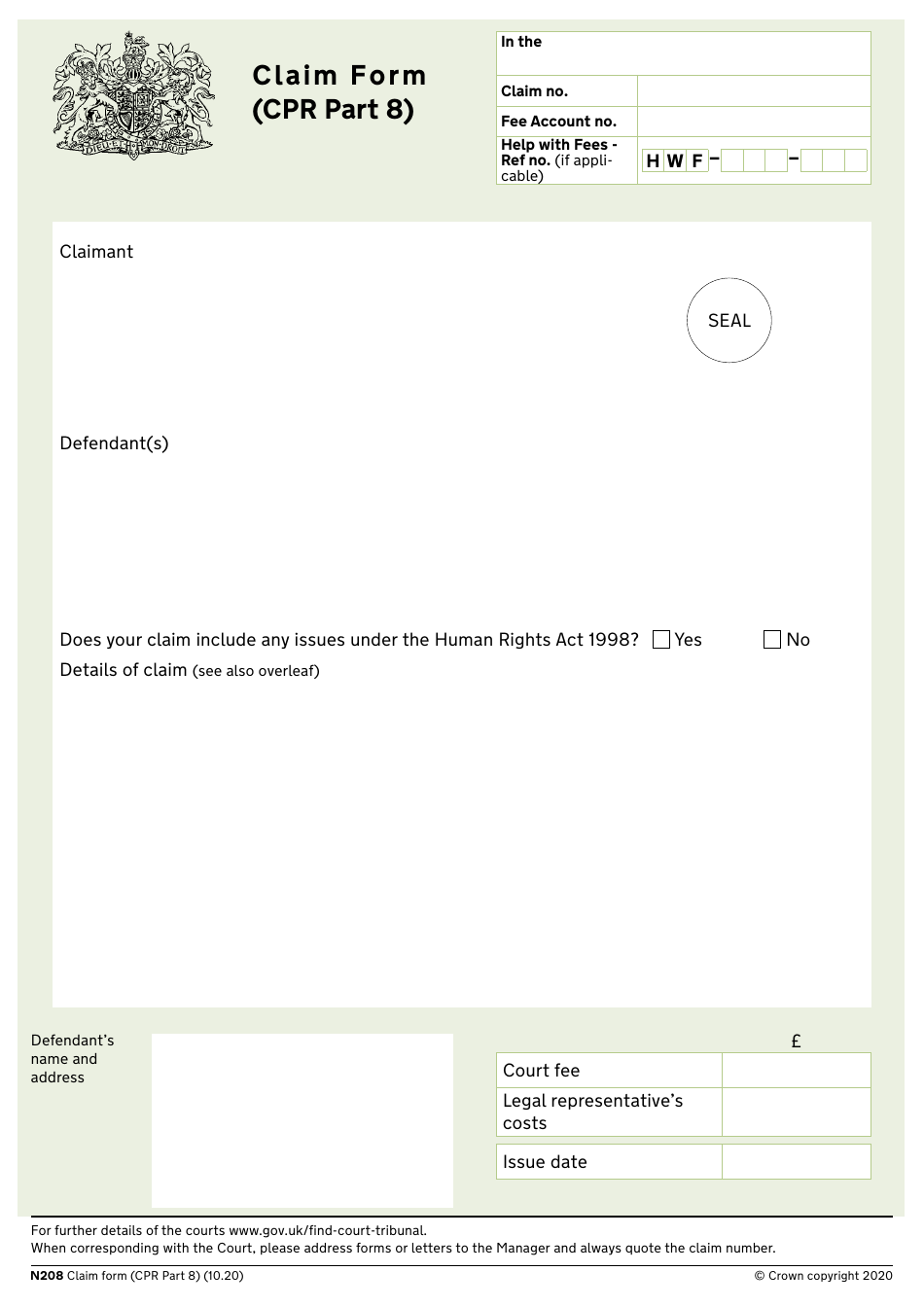 Form N208 Download Fillable PDF or Fill Online Claim Form (Cpr Part 8 ...