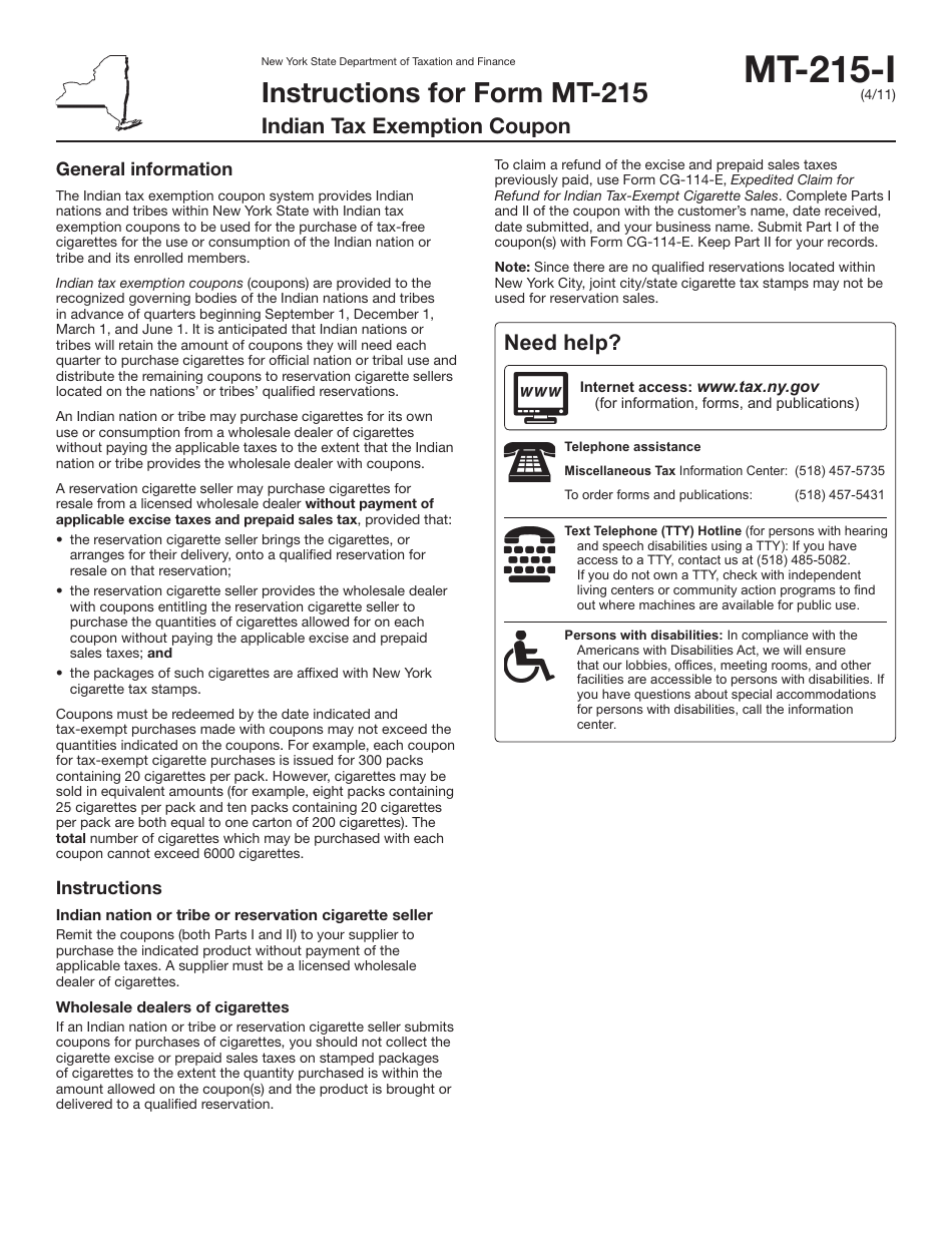 Download Instructions for Form MT-215 Indian Tax Exemption Coupon PDF ...