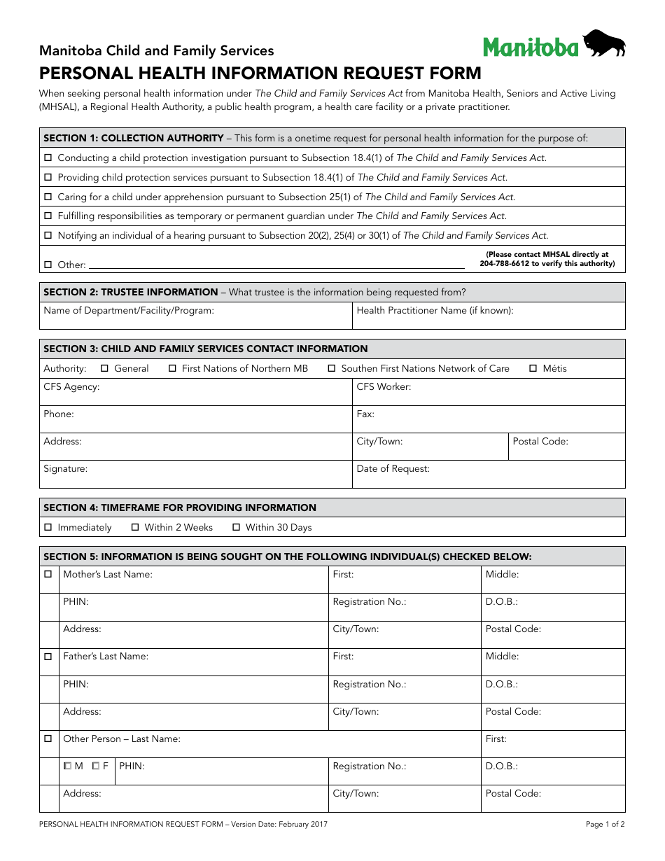 Manitoba Canada Personal Health Information Request Form - Fill Out ...