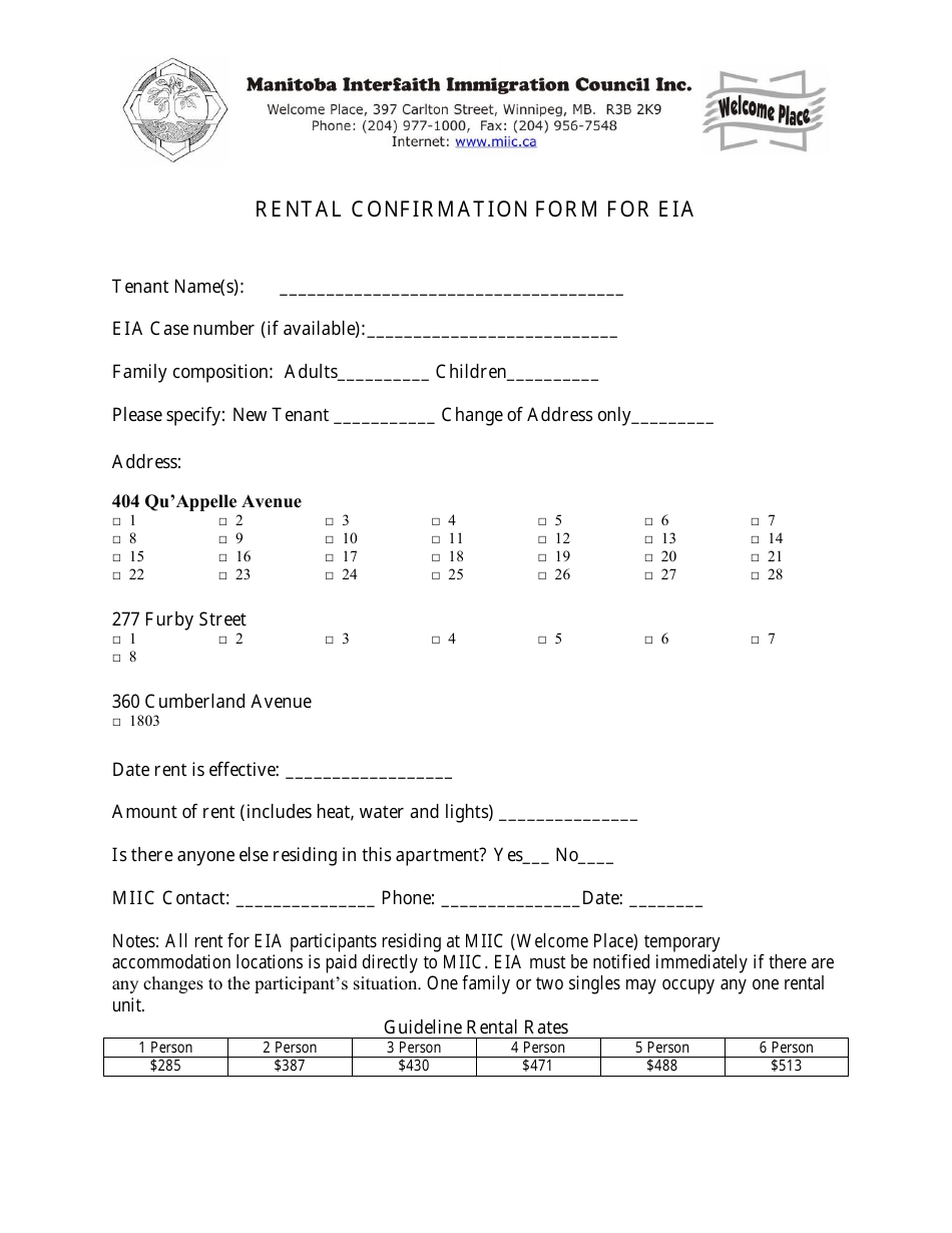 Manitoba Canada Welcome Place Rental Confirmation for Eia - Fill Out, Sign Online and Download ...