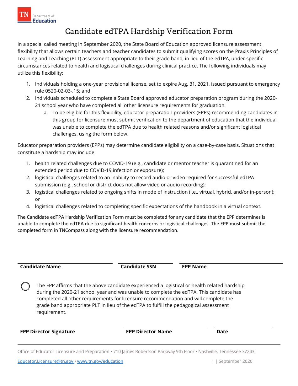 Tennessee Candidate Edtpa Hardship Verification Form - Fill Out, Sign ...