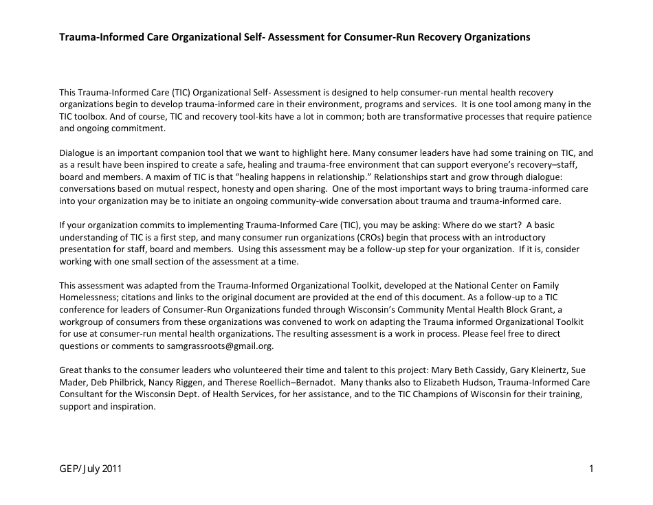 Washington Trauma-Informed Care Organizational Self- Assessment for ...