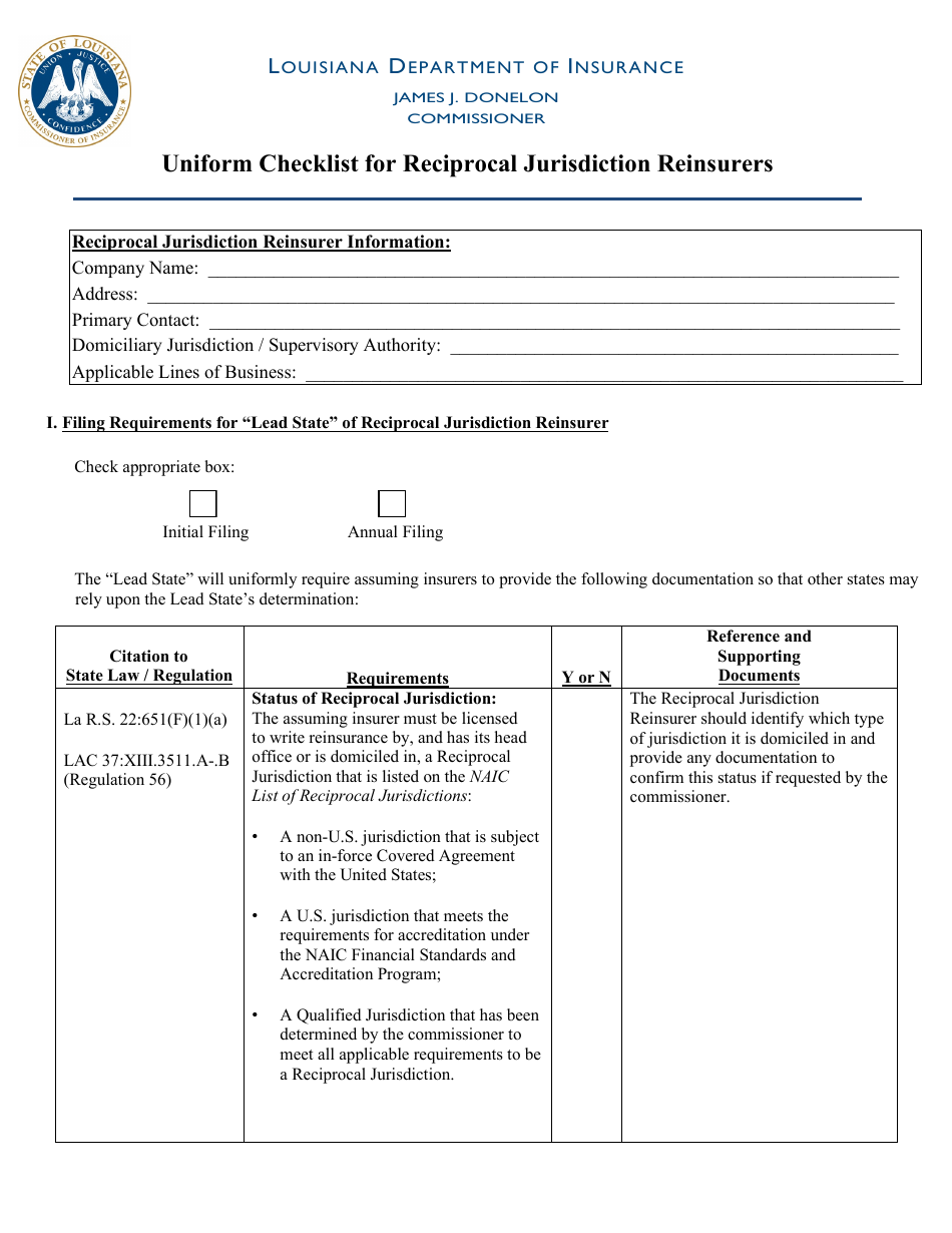 Louisiana Uniform Checklist for Reciprocal Jurisdiction Reinsurers ...