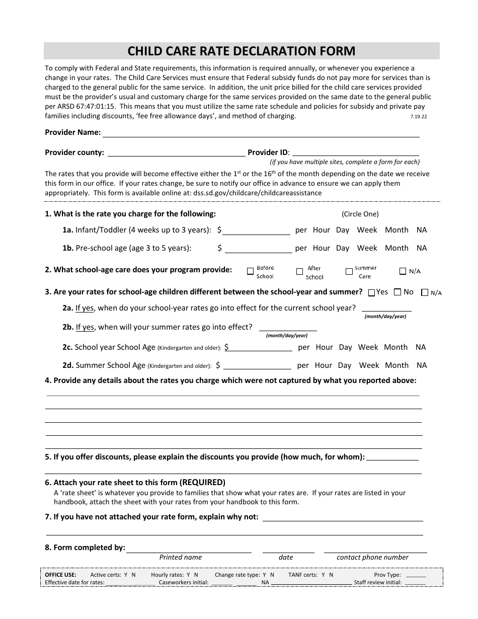 South Dakota Child Care Rate Declaration Form Download Printable PDF ...