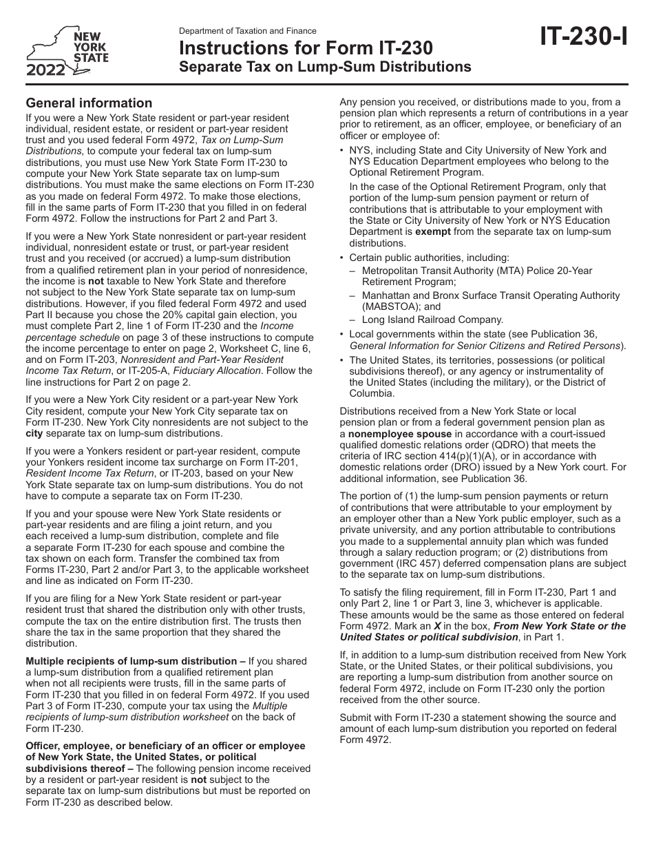 Download Instructions for Form IT-230 Separate Tax on Lump-Sum ...