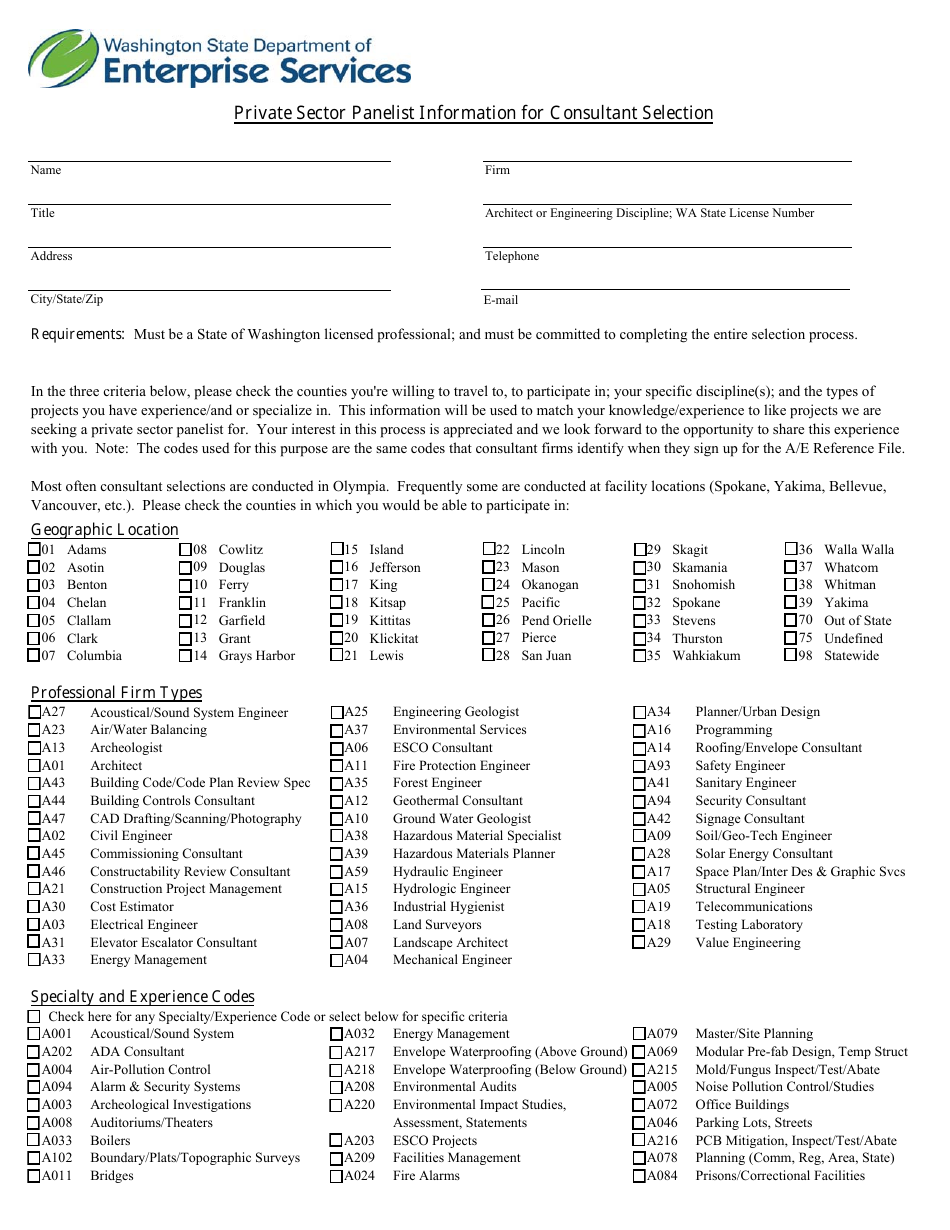 Washington Private Sector Panelist Information for Consultant Selection ...