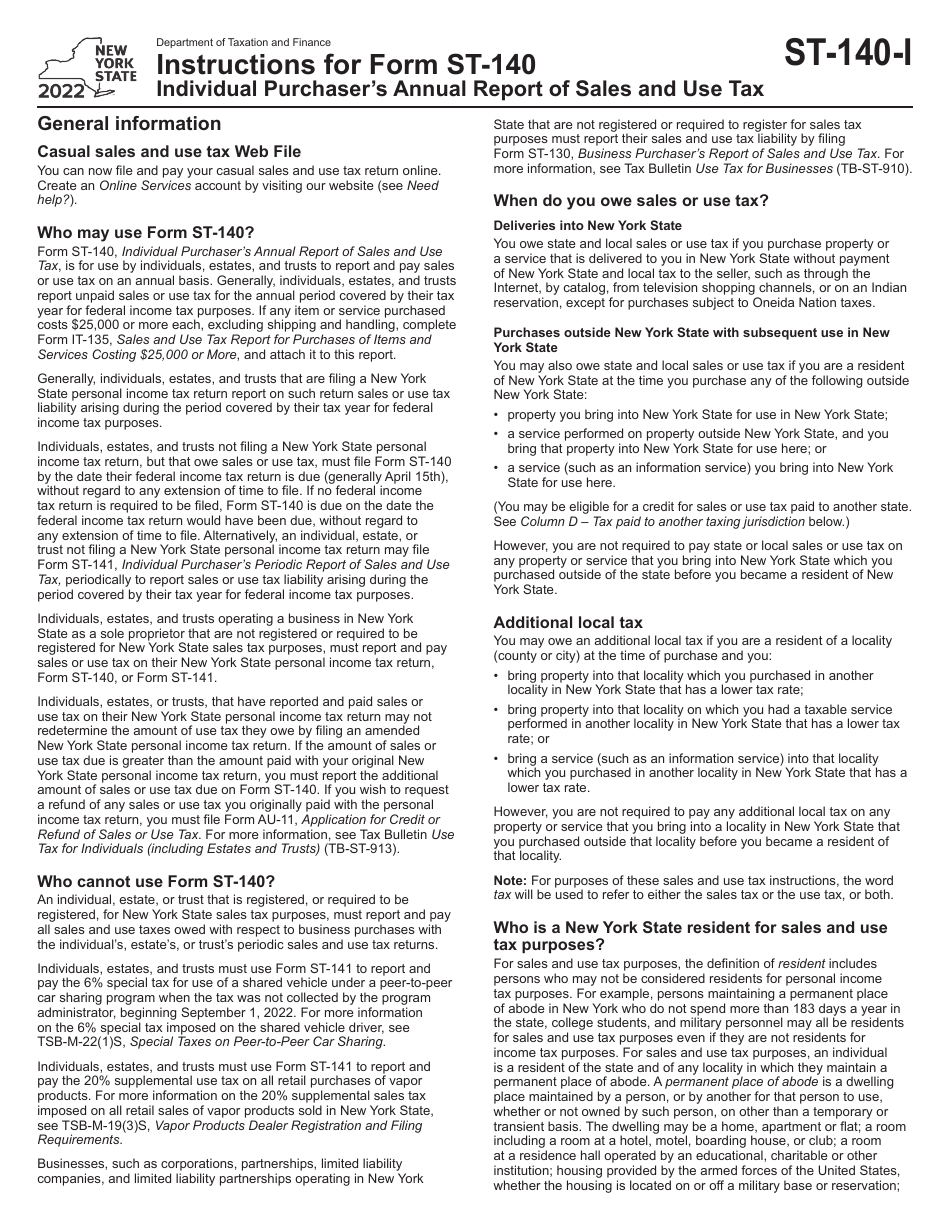 Download Instructions for Form ST-140 Individual Purchaser's Annual ...
