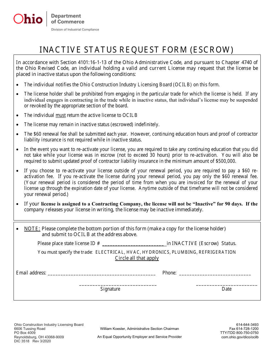 Form DIC3518 - Fill Out, Sign Online and Download Fillable PDF, Ohio ...