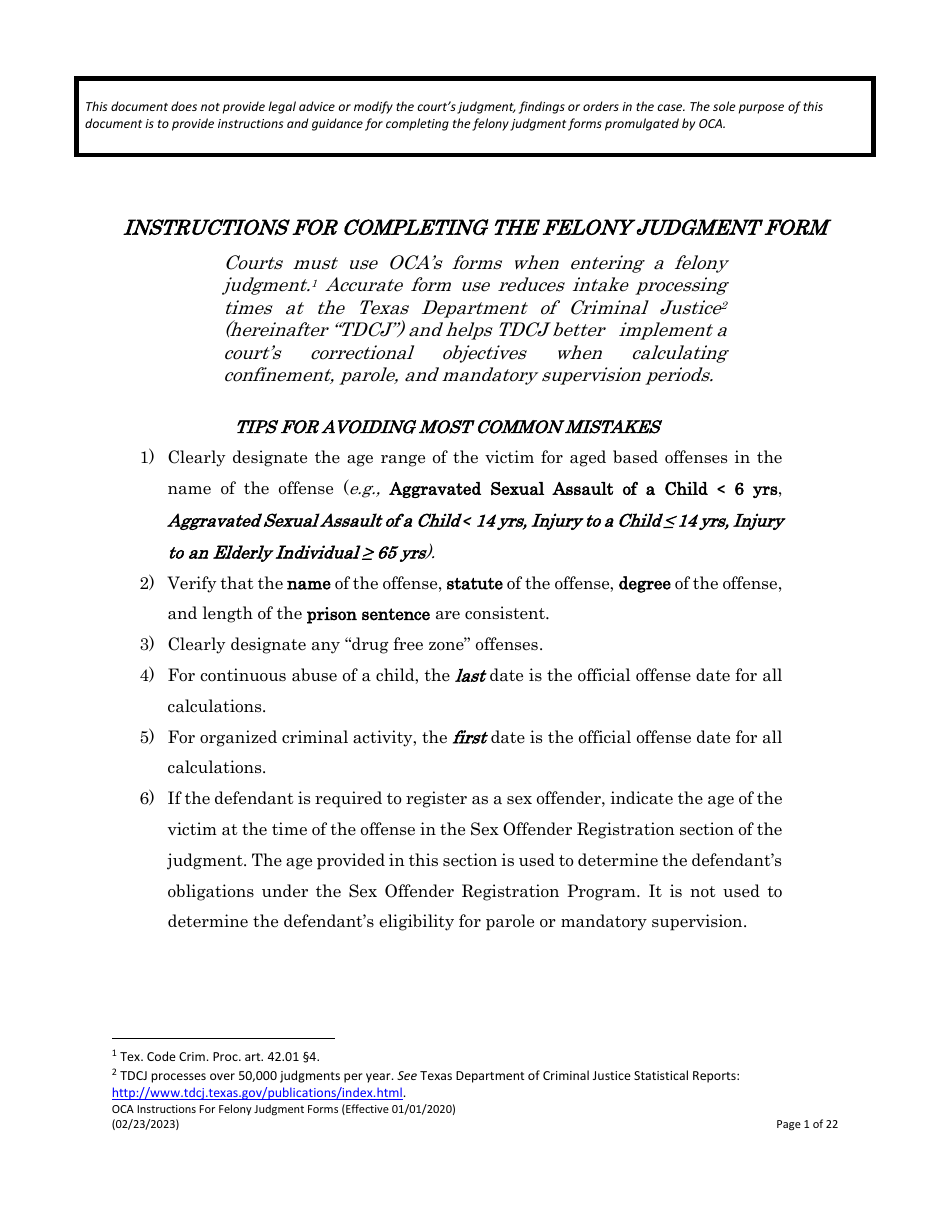 Texas Instructions for Felony Judgment Forms - Fill Out, Sign Online ...