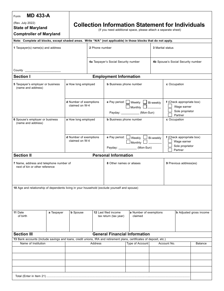 Form MD433-A Download Fillable PDF or Fill Online Collection ...