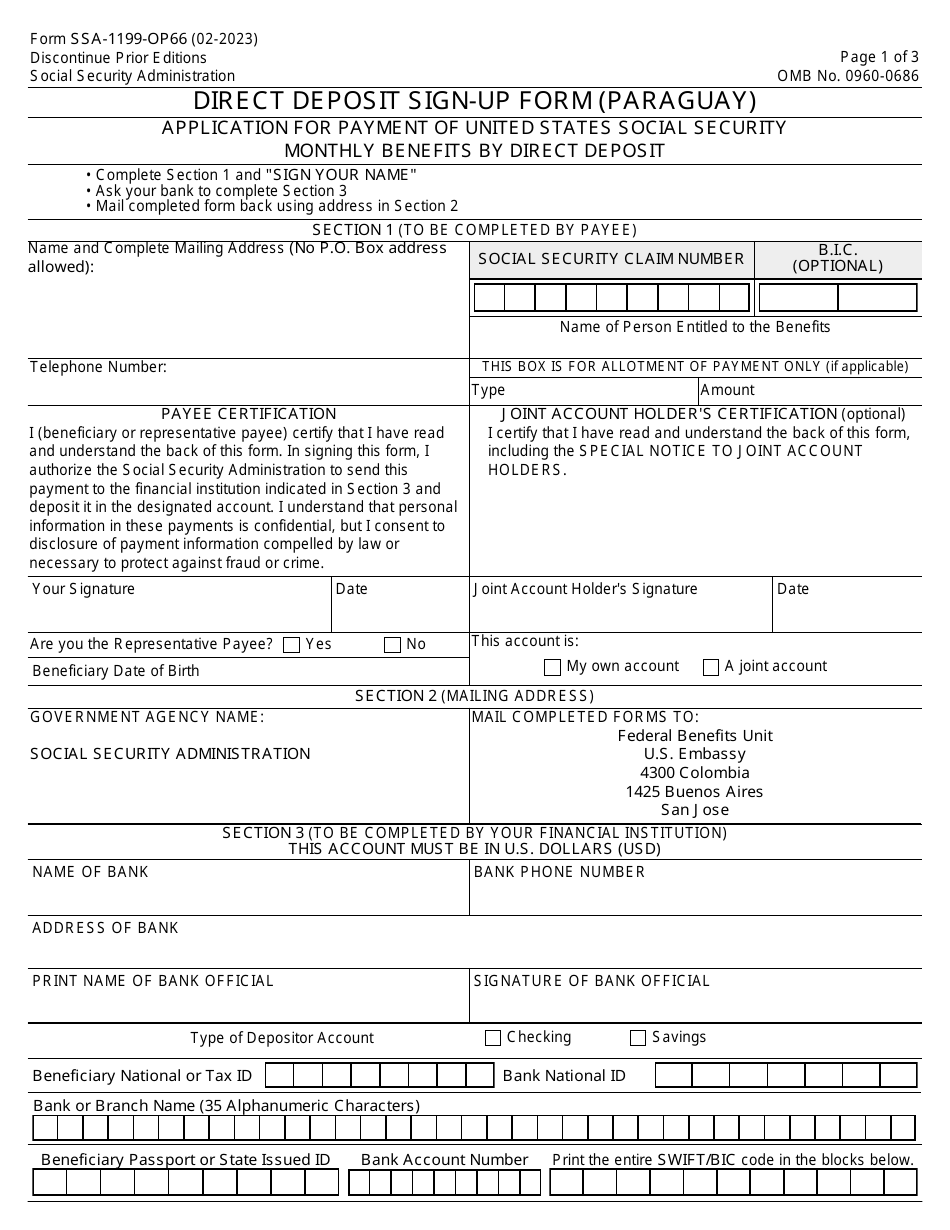 Form SSA-1199-OP66 Download Fillable PDF or Fill Online Direct Deposit ...