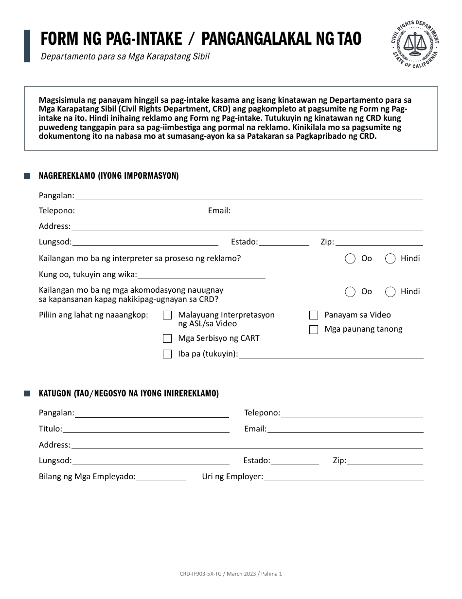 Form CRD-IF903-5X-TG - Fill Out, Sign Online and Download Fillable PDF, California (Tagalog ...