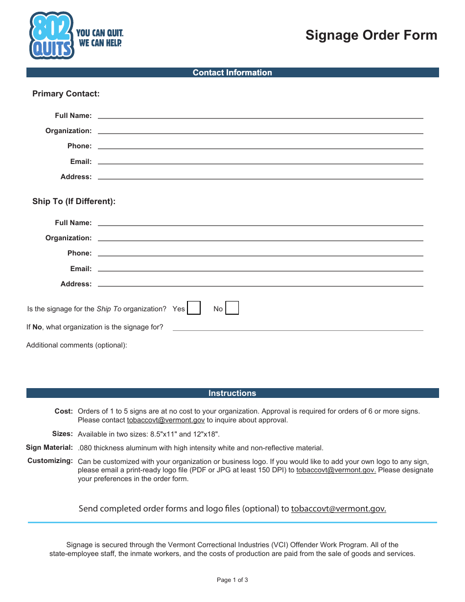 Vermont Signage Order Form - Fill Out, Sign Online and Download PDF ...