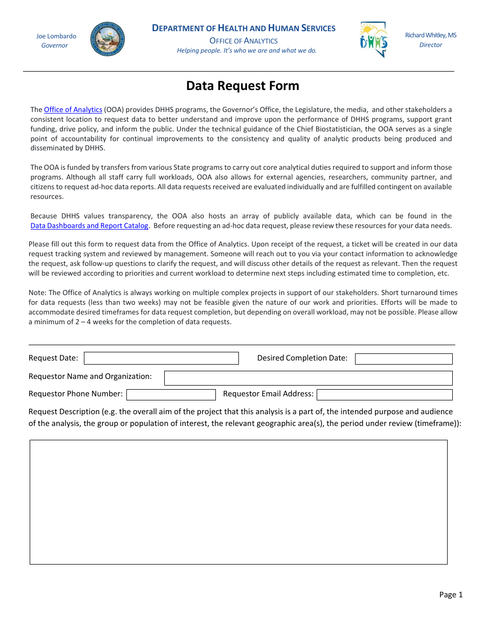 Nevada Data Request Form - Fill Out, Sign Online and Download PDF ...