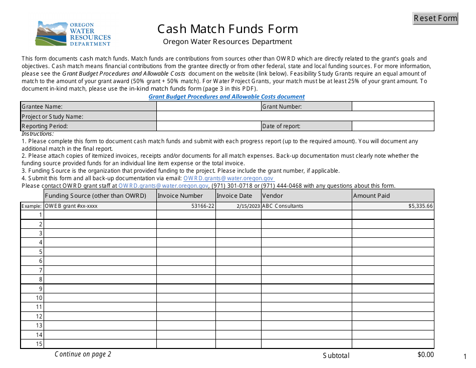 Oregon Cash Match Funds Form - Fill Out, Sign Online and Download PDF ...