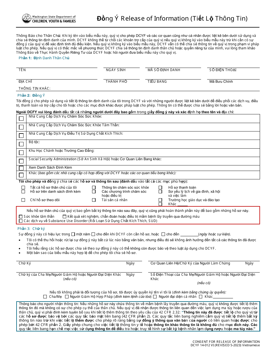 DCYF Form 14-012 - Fill Out, Sign Online and Download Printable PDF, Washington (Vietnamese ...