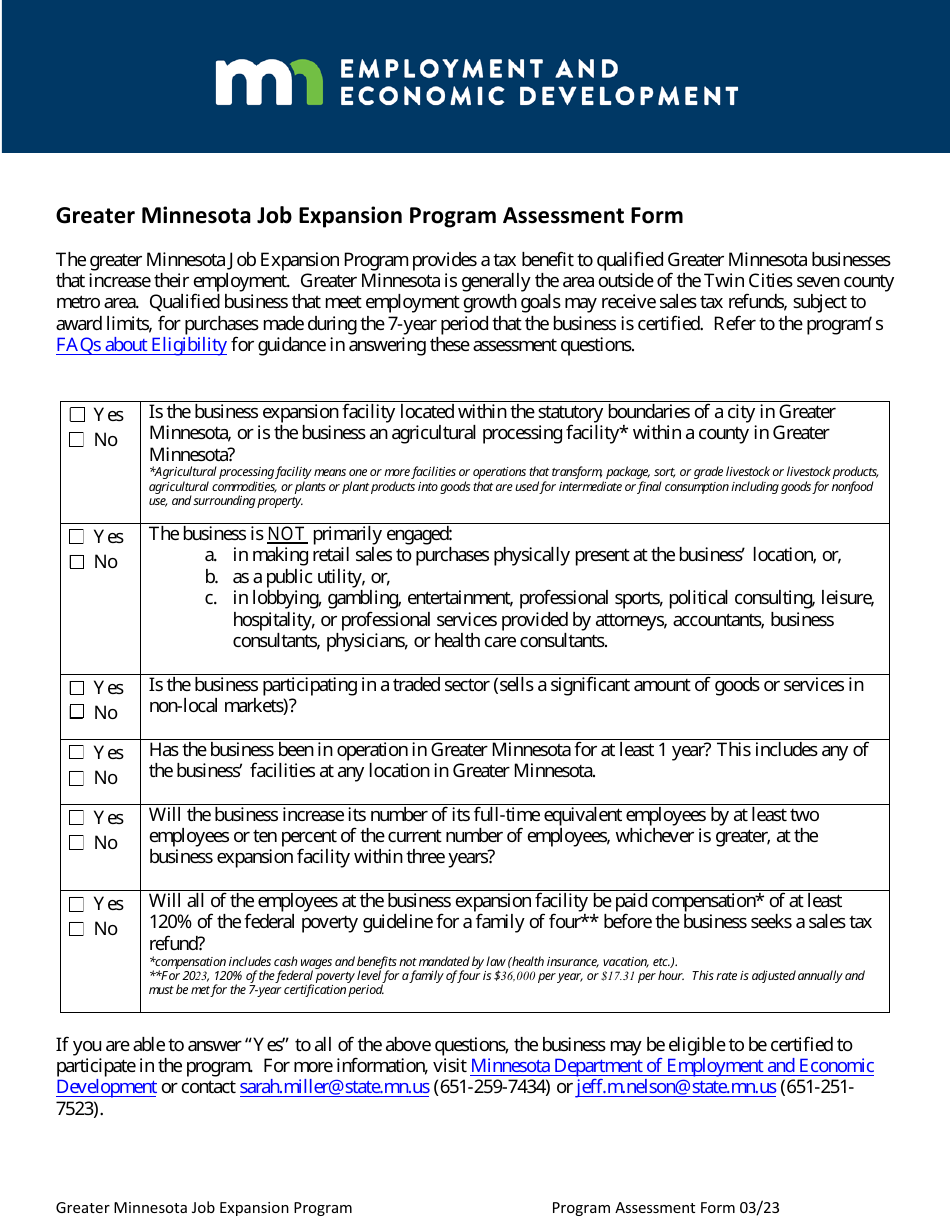 Minnesota Greater Minnesota Job Expansion Program Assessment Form ...