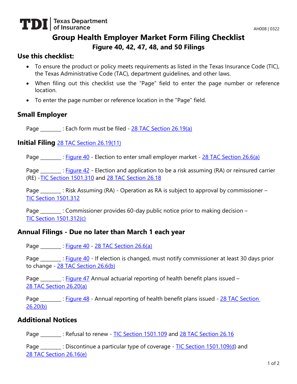 Form AH008 - Fill Out, Sign Online and Download Fillable PDF, Texas ...