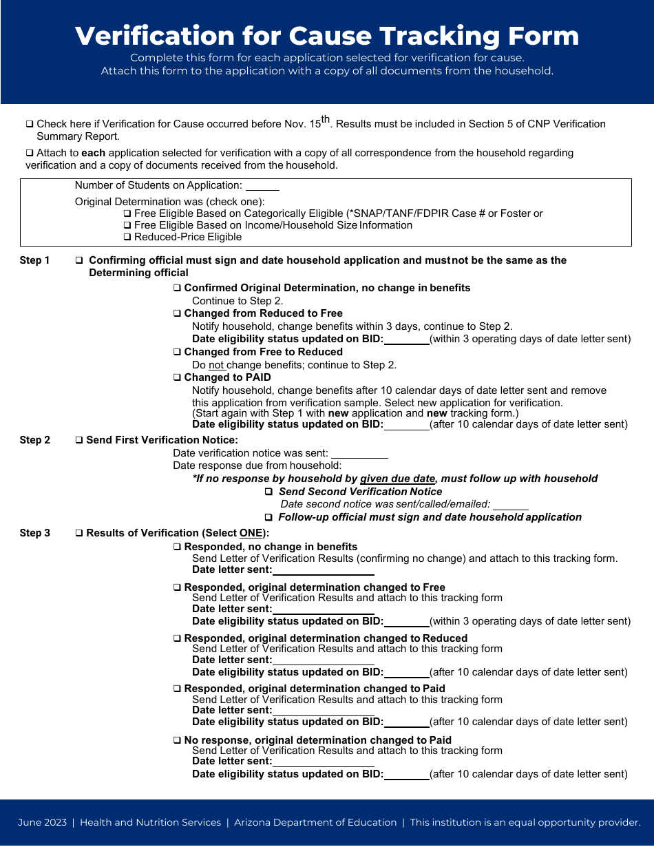 Arizona Verification for Cause Tracking Form Download Printable PDF ...