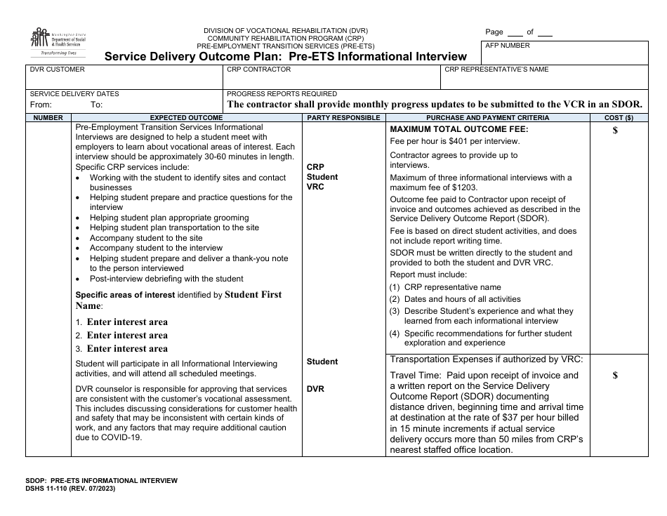 DSHS Form 11-110 Download Printable PDF or Fill Online Service Delivery ...