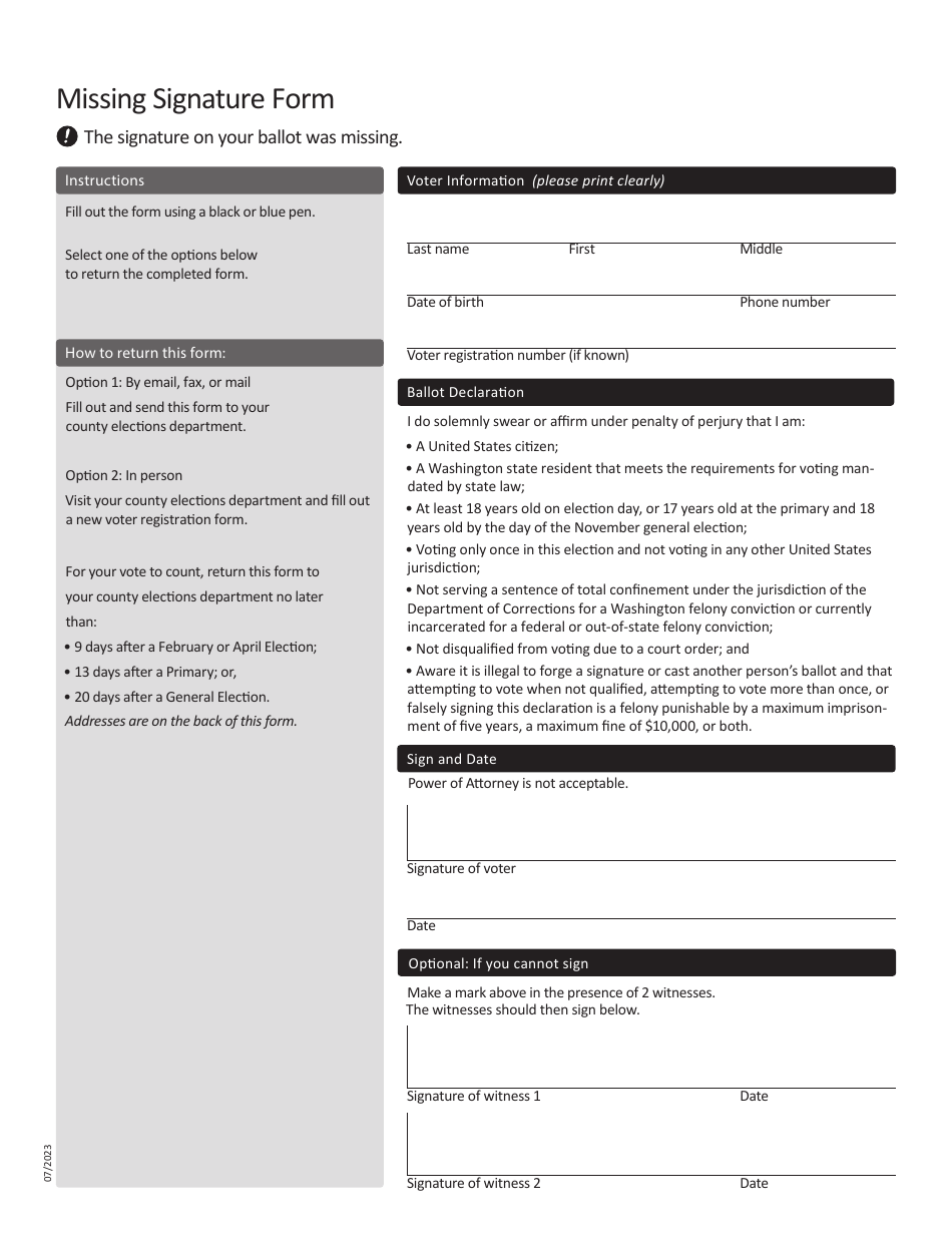 Washington Missing Signature Form - Fill Out, Sign Online and Download ...