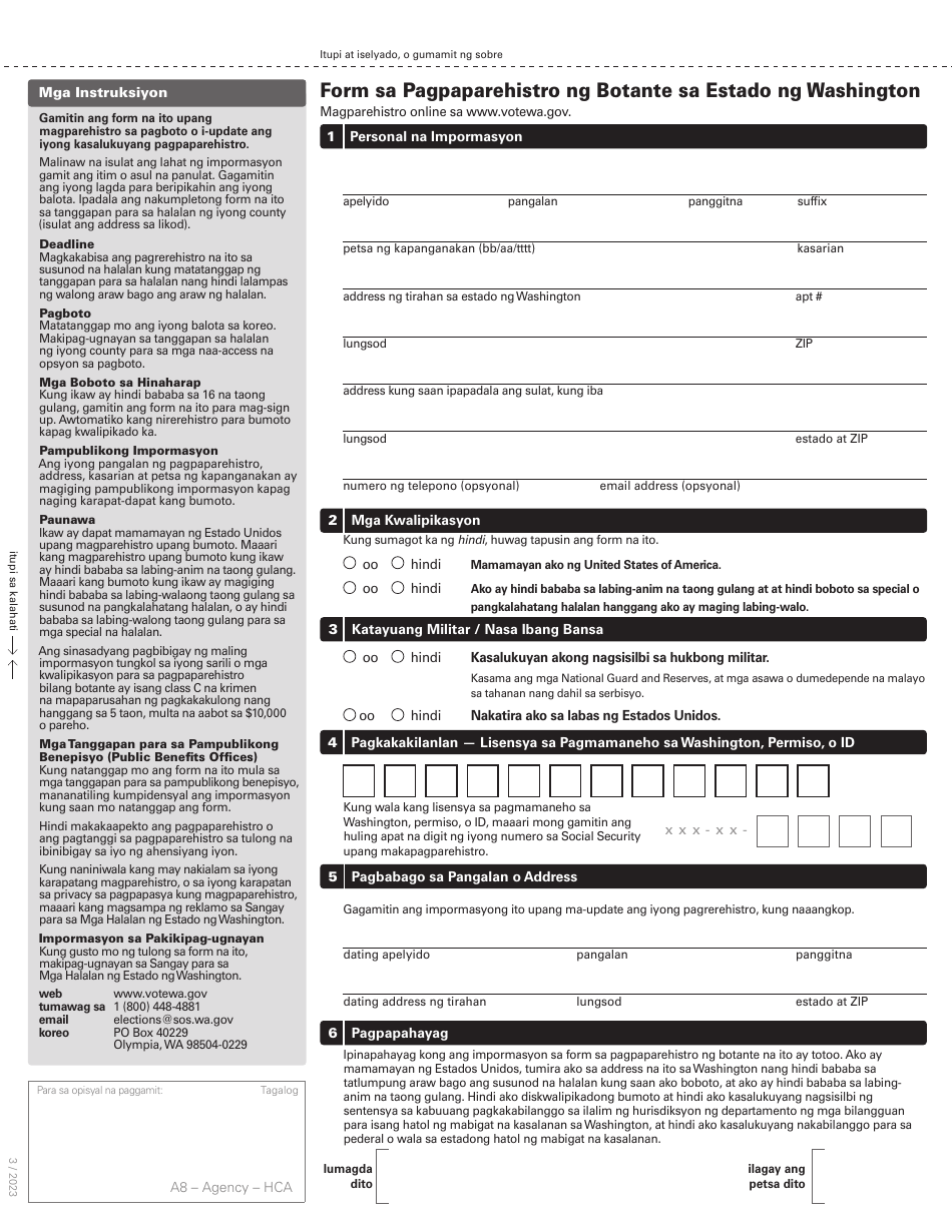 Washington Washington State Voter Registration Form (Tagalog) - Fill ...