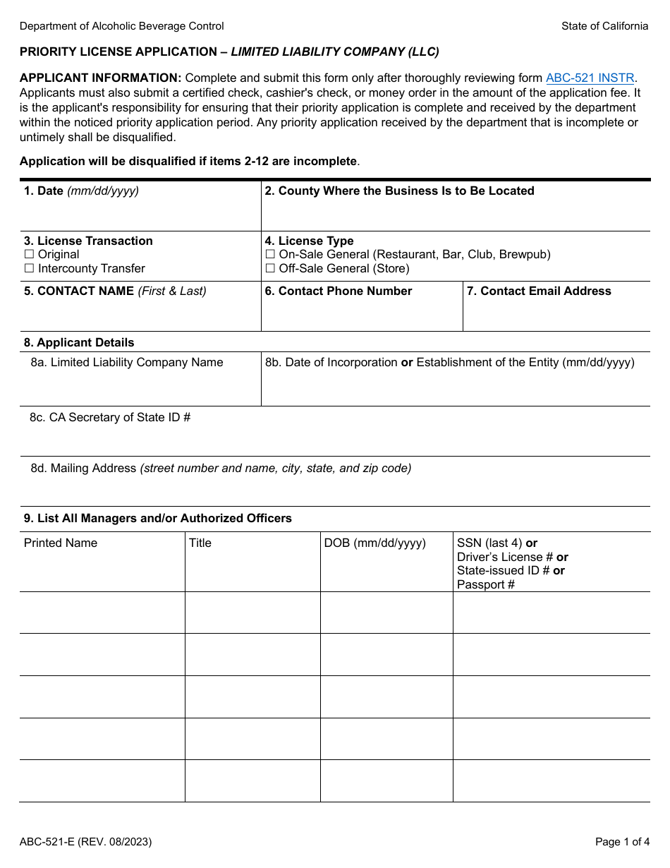 Form ABC-521-E Download Fillable PDF or Fill Online Priority License ...