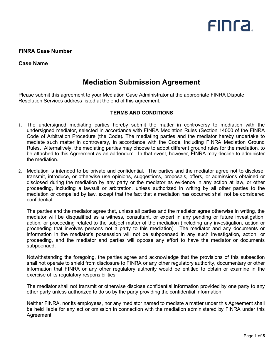 Mediation Submission Agreement Download Fillable PDF | Templateroller